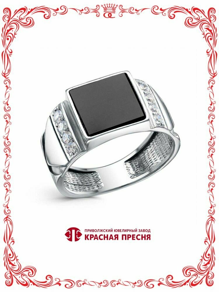 Печатка, серебро, 925 проба, оксидирование, фианит