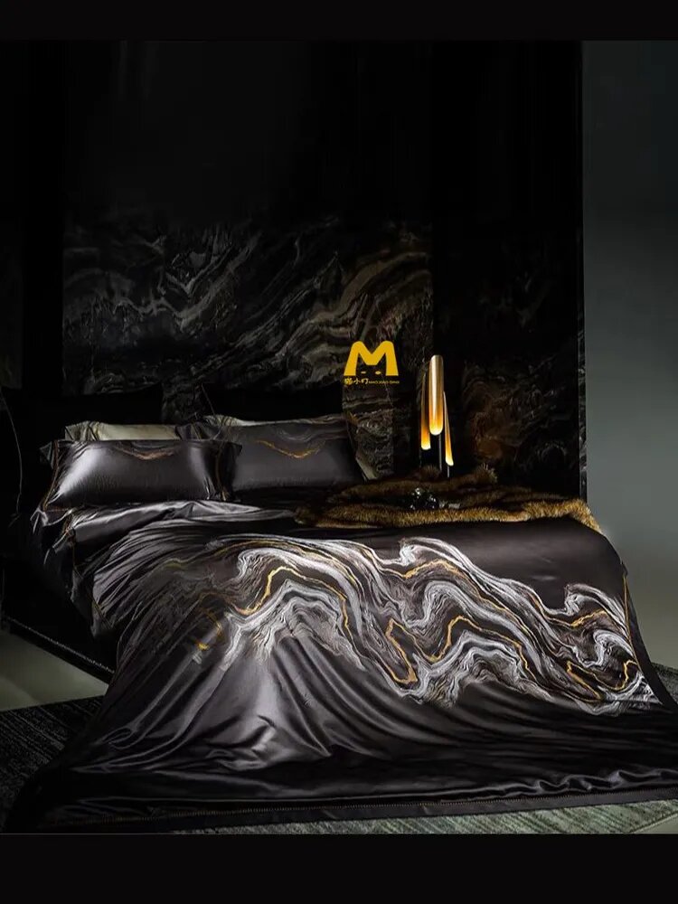 Комплект постельного белья, Натуральный шелк, Сатин, Евро, наволочки 48x74