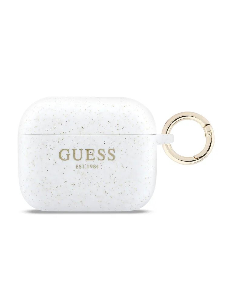Guess силиконовый чехол с блестками для Airpods Pro 3, Silicone Glitter с кольцом, белый