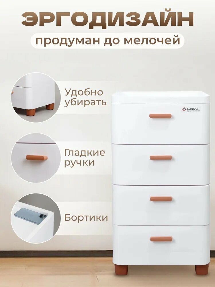 Большой комод пластиковый с 4 ящиками на ножках и колесиках.