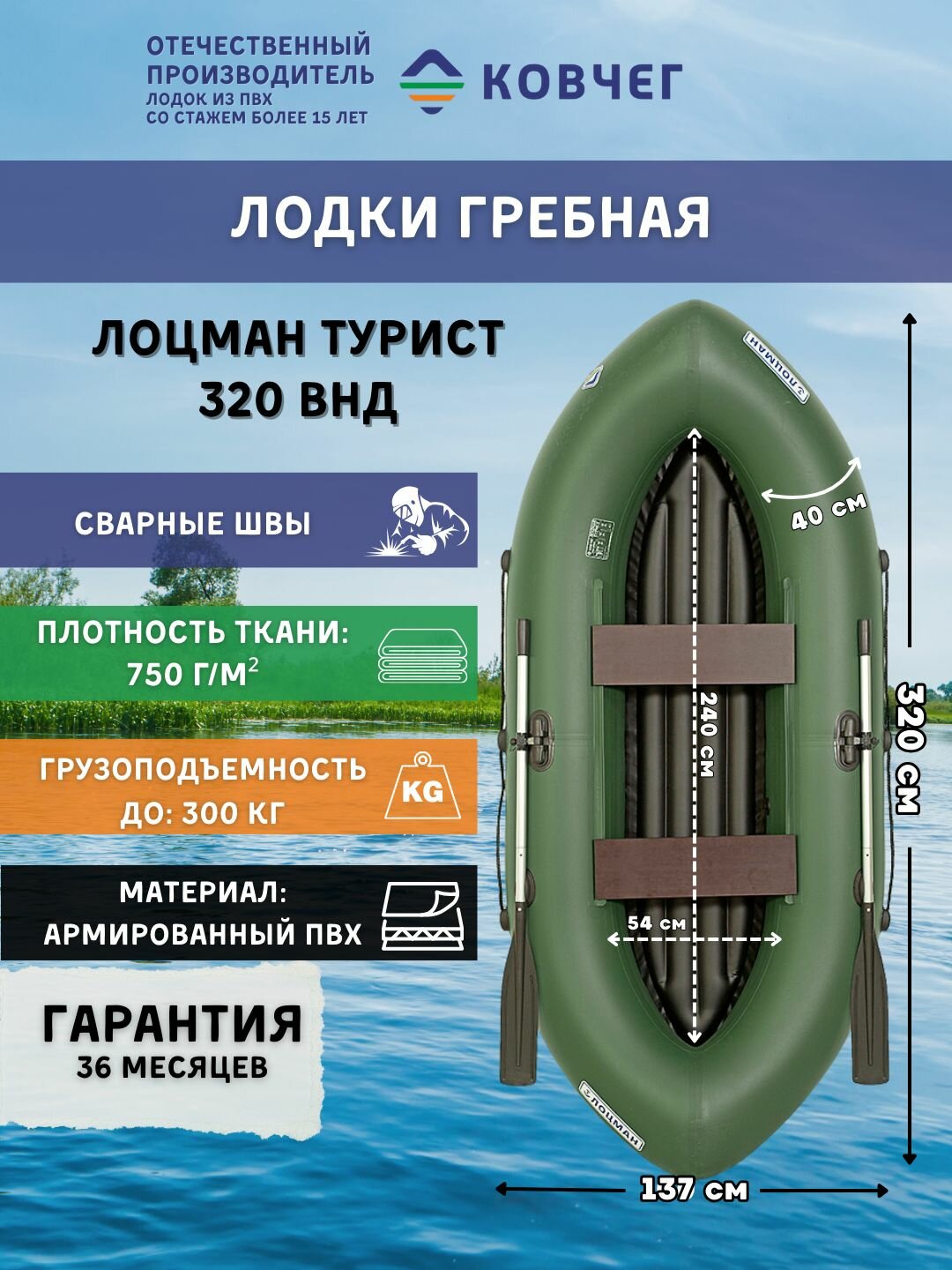 Лодка ПВХ гребная для рыбалки Лоцман Турист 320 ВНД (зеленый)
