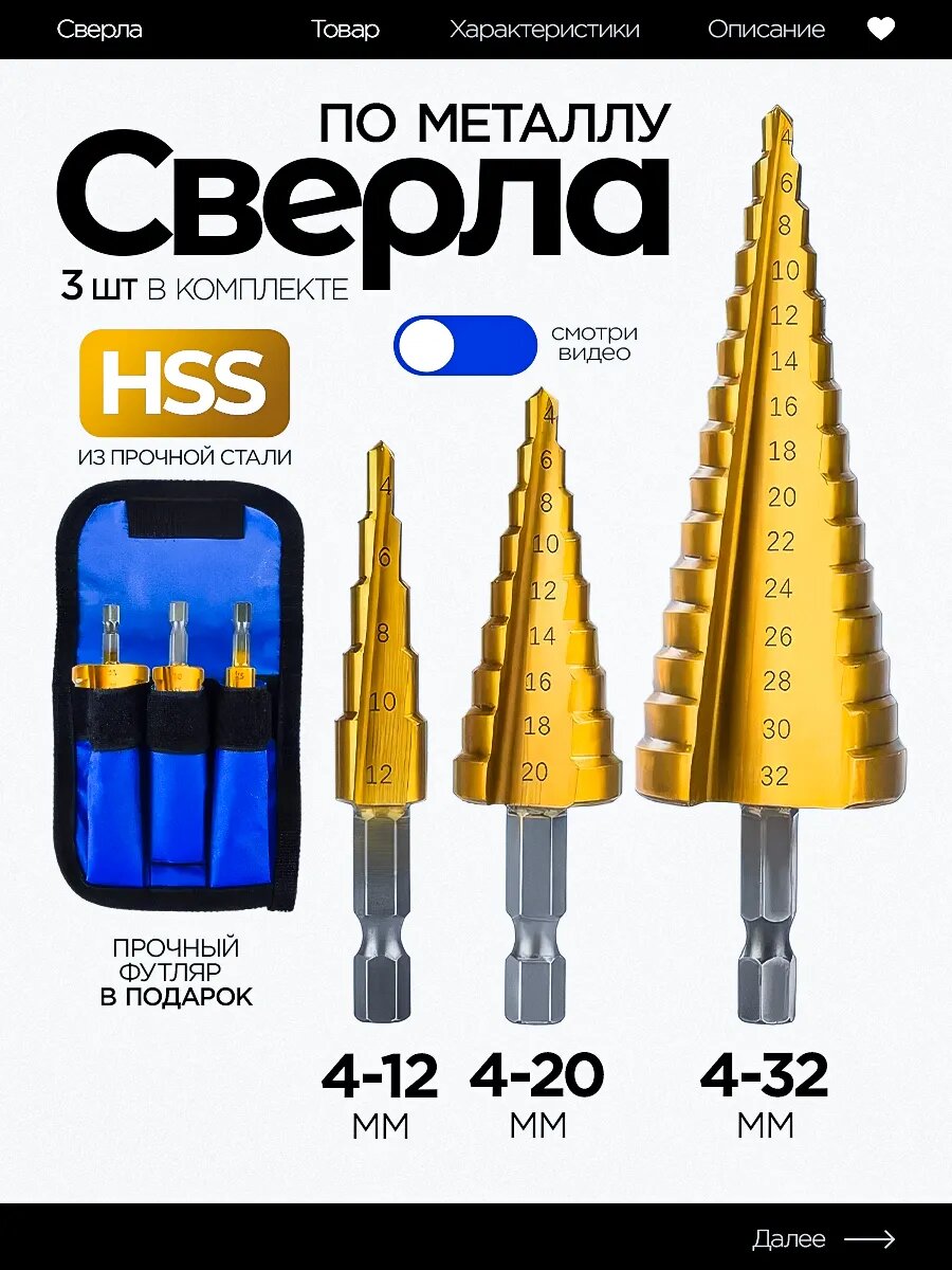 Набор ступенчатых сверл по металлу