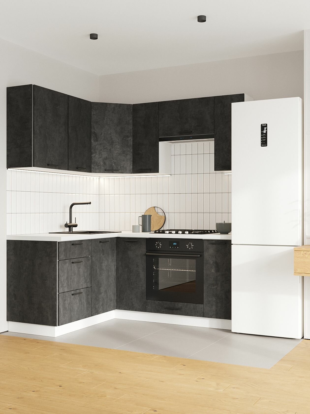 Кухонный гарнитур угловой Урбан 1.8х1.5 м, мебель для дома и кухни, Белый / Цемент темный