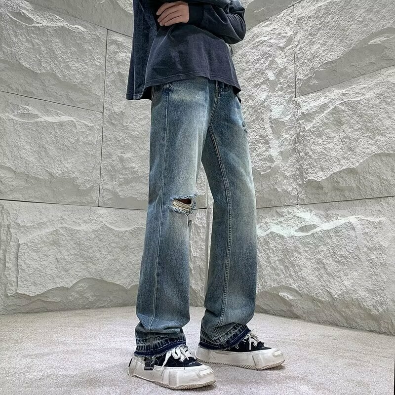 JYL Джинсы Мужские Рваные Стильные Свободные Объемные Широкие Длинные Деним, Размер_L