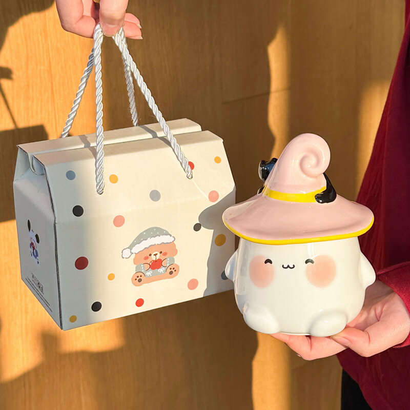 Милая керамическая кружка с привидением на Хэллоуин для девочек, с крышкой и ложкой, кружка для кофе для офисной пары, подарочный набор.