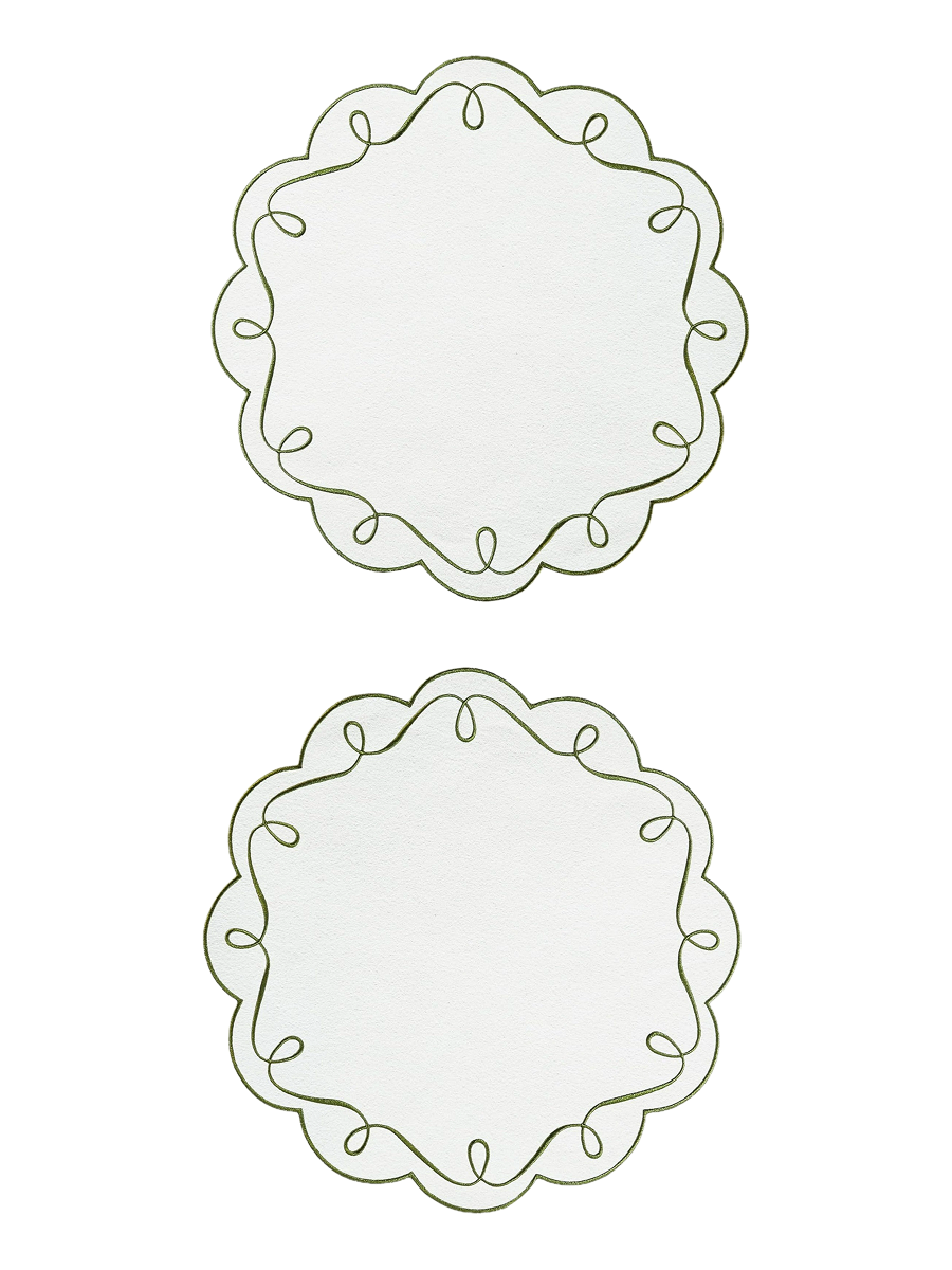 Набор круглых сервировочных салфеток под приборы Secret Melochei, белые с зеленым кантом 38 см, 2 шт