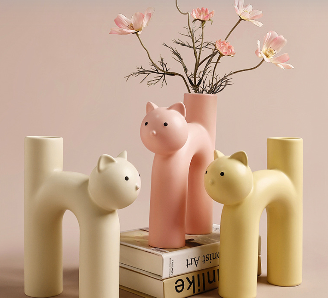 Ваза IKEA tube cat, керамическое домашнее украшение для рабочего стола, розовый+ желтый+ бежевый, 3 предмета