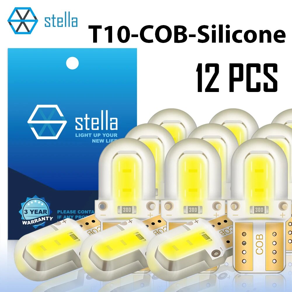 Stella 12 Шт. COB LED T10 W5W 196 Силиконовые Водонепроницаемые 12 В Лампочки Для Салона Автомобиля Белый Цвет Высокий Люмен .