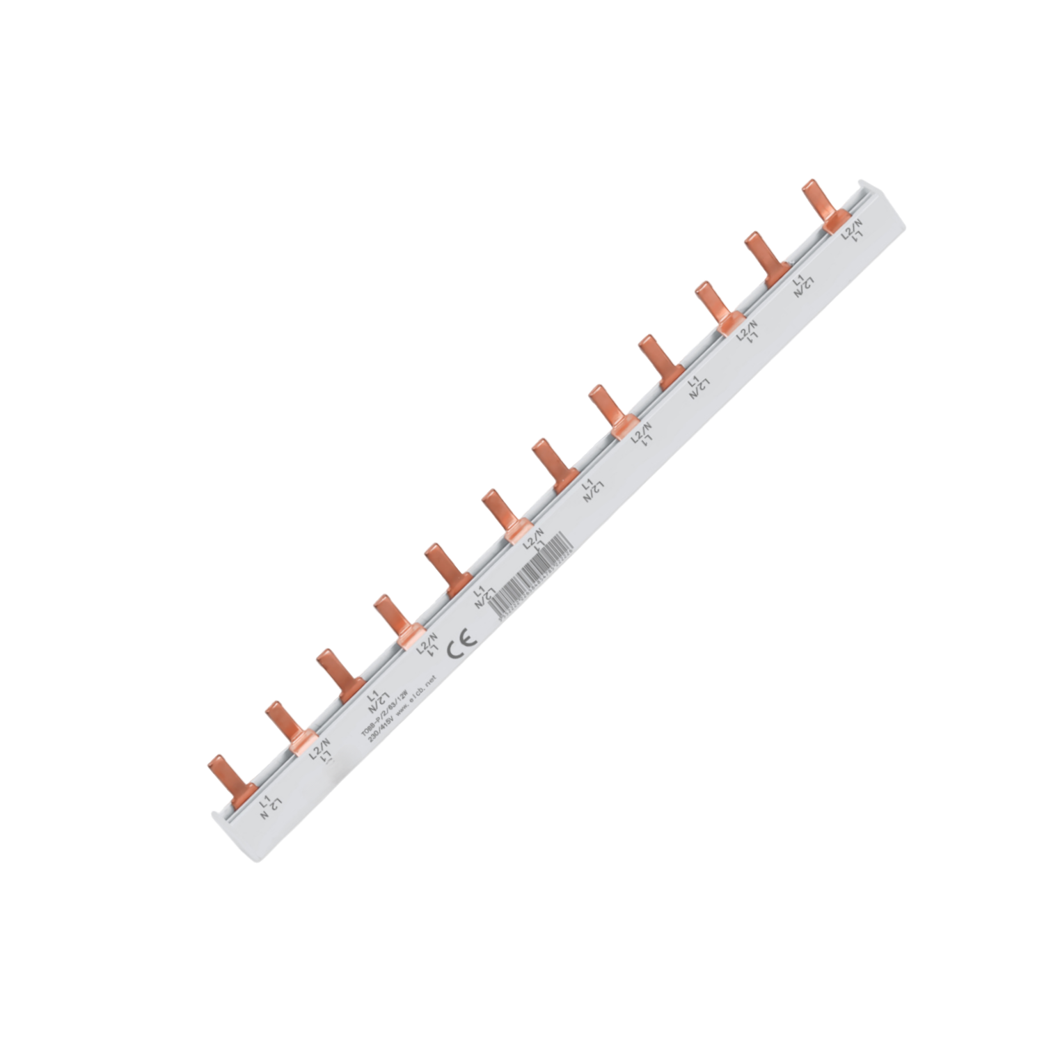 PIN TYPE Copper Busbar 63А 2P 12 Way, материал медь и ПВХ, ширина меди 4мм, толщина меди 1.4мм, номинальный ток 63А, количество точек подключения 2P 12 Way, для выключателей типа C45 DZ47 IC65N, распределительных щитков, напряжение 230‑415V