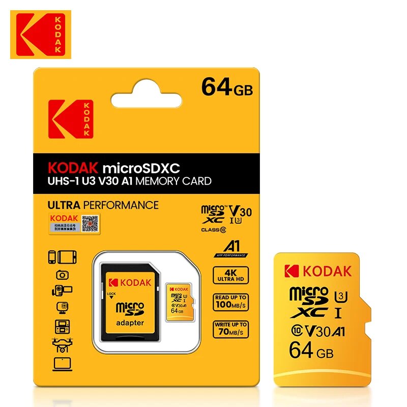 Оригинальная карта памяти Kodak Micro SD 32 ГБ 64 ГБ Class10 A1256 ГБ Microsd Flash Drive Card A2 512 ГБ V30 U3 cartao de memoria
