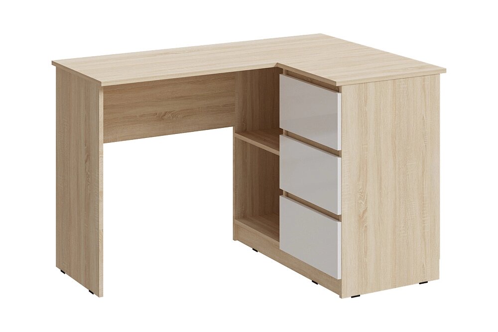 Стол письменный компьютерный угловой 3 ящика 1 полка, Челси, 130х76.8х90.4 см, Дуб сонома / Белый глянец