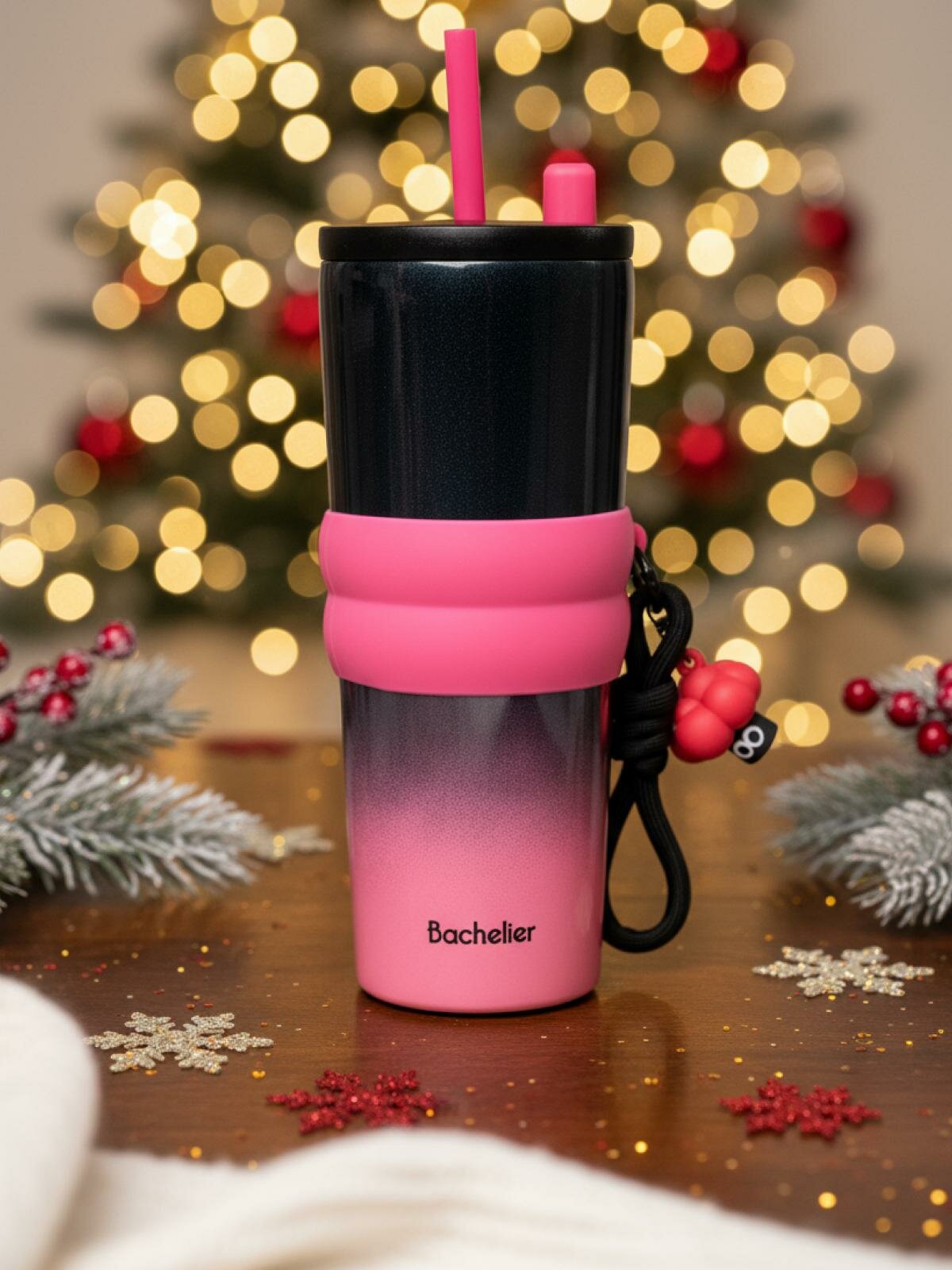 Термокружка с трубочкой для кофе, лимонада, фуксия 710мл