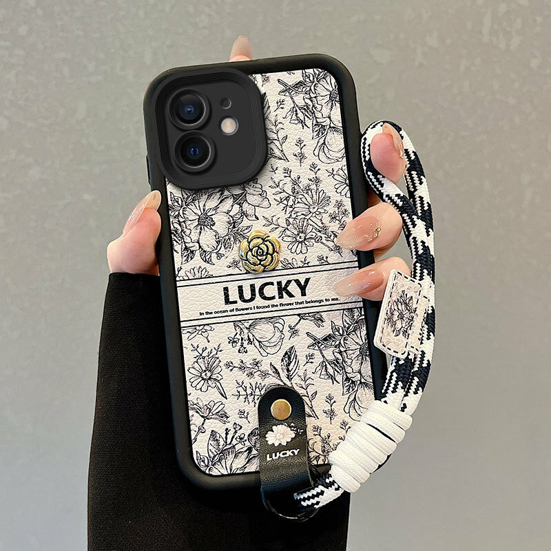 Черный чехол с резьбовым шнуром и ручной росписью цветка LUCKY для iPhone 7 Plus/8 Plus