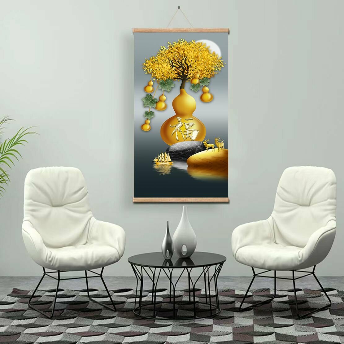 Картина "Сто благословений" в китайском стиле, декоративная живопись для гостиной, коридора, холст, масляная живопись, персонаж Фу, тыква, блокирующая настенная живопись