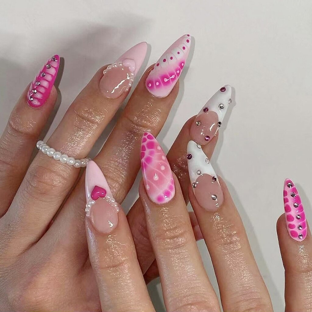 Миндальный Пресс на Ногте Поддельный Ноготь Глянцевый Акриловый Искусственный Ноготь Приклеивается на Ноготь для Женщин 24шт 12 Размеров Клеит На Ноготь