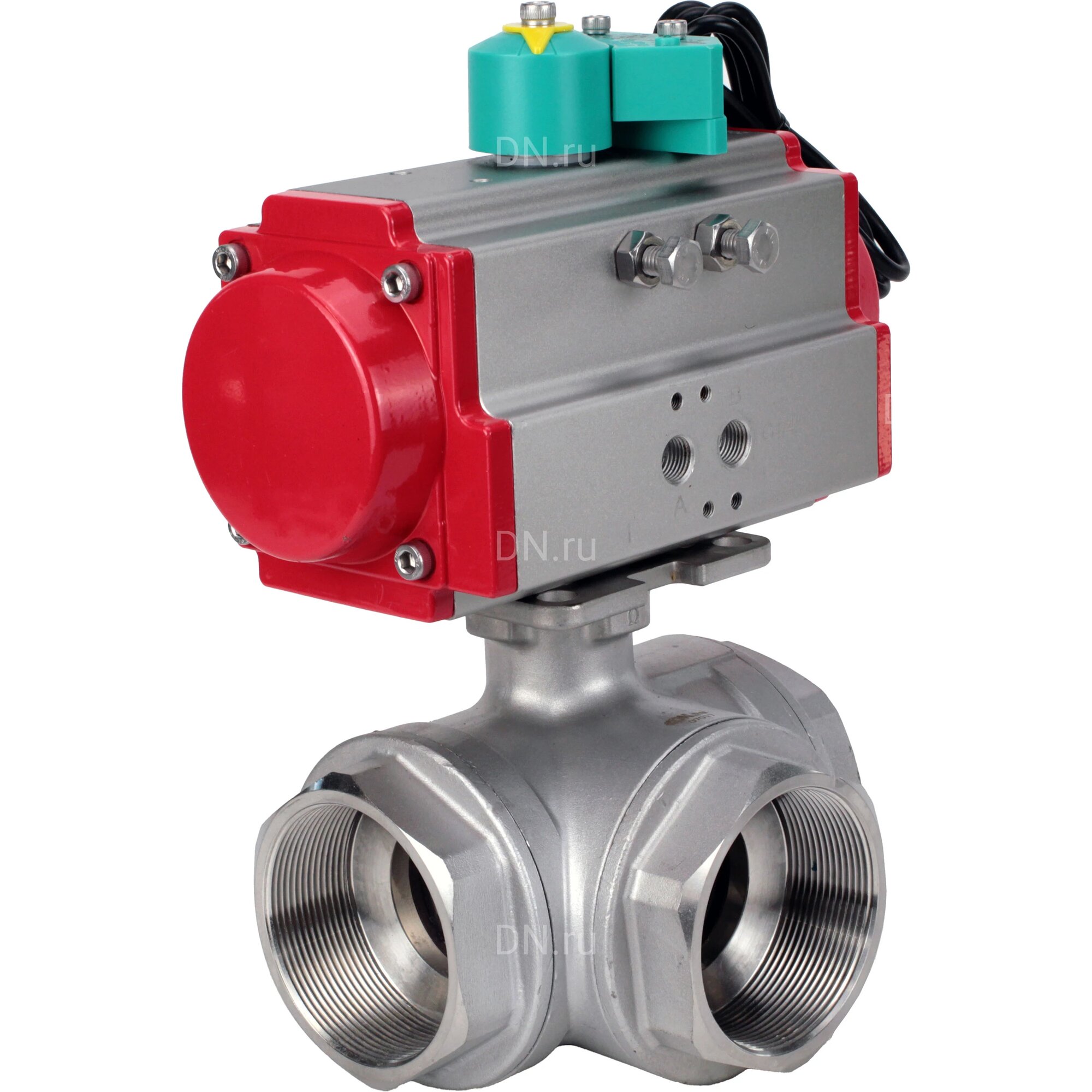 Кран шаровой DN.ru RP. SS316.200. MM.010(-100)-ISO L-тип Ду50 Ру63 стандартнопроходной L-тип, внутренняя резьба, корпус - нержавеющая сталь 316, уплотнение - PTFE, с пневмоприводом DA-065 и магнитным переключателем МППП-200