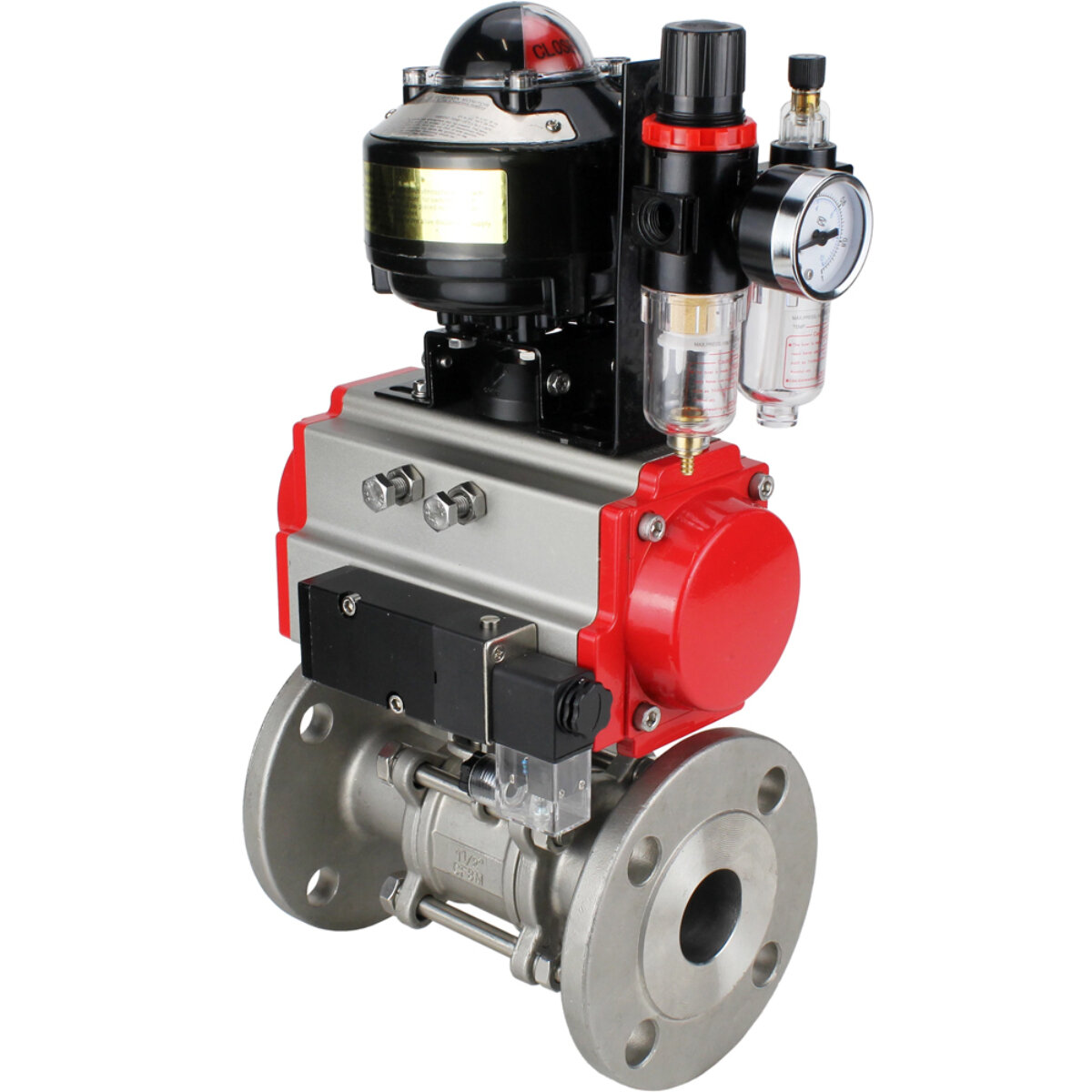 Кран шаровой DN.ru кшфпт 304.180 Ду25 Ру40 фланцевый, полнопроходной, трехсоставной, корпус нержавеющая сталь 304, уплотнение PTFE, с пневмоприводом SA-065, пневмораспределителем 24VDC, БКВ LSB-510-02ExM12-250 и БПВ APU1-10-40-V08 (опрессовано)