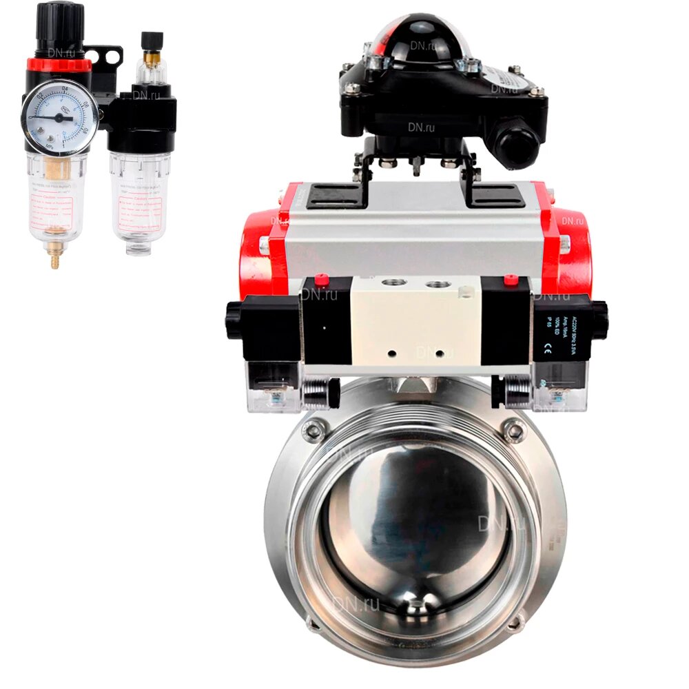 Затвор дисковый поворотный DN. ru 304-304-EPDM-2W-T-H Ду25 Ру10 пищевая нержавеющая сталь 304, уплотнение - EPDM, с пневмоприводом DA-065, пневмораспределителем PND1-S2EM-52-2-T08-220VAC, БКВ LSB-210-02NM12-220/24 и БПВ APU1-10-40-V08