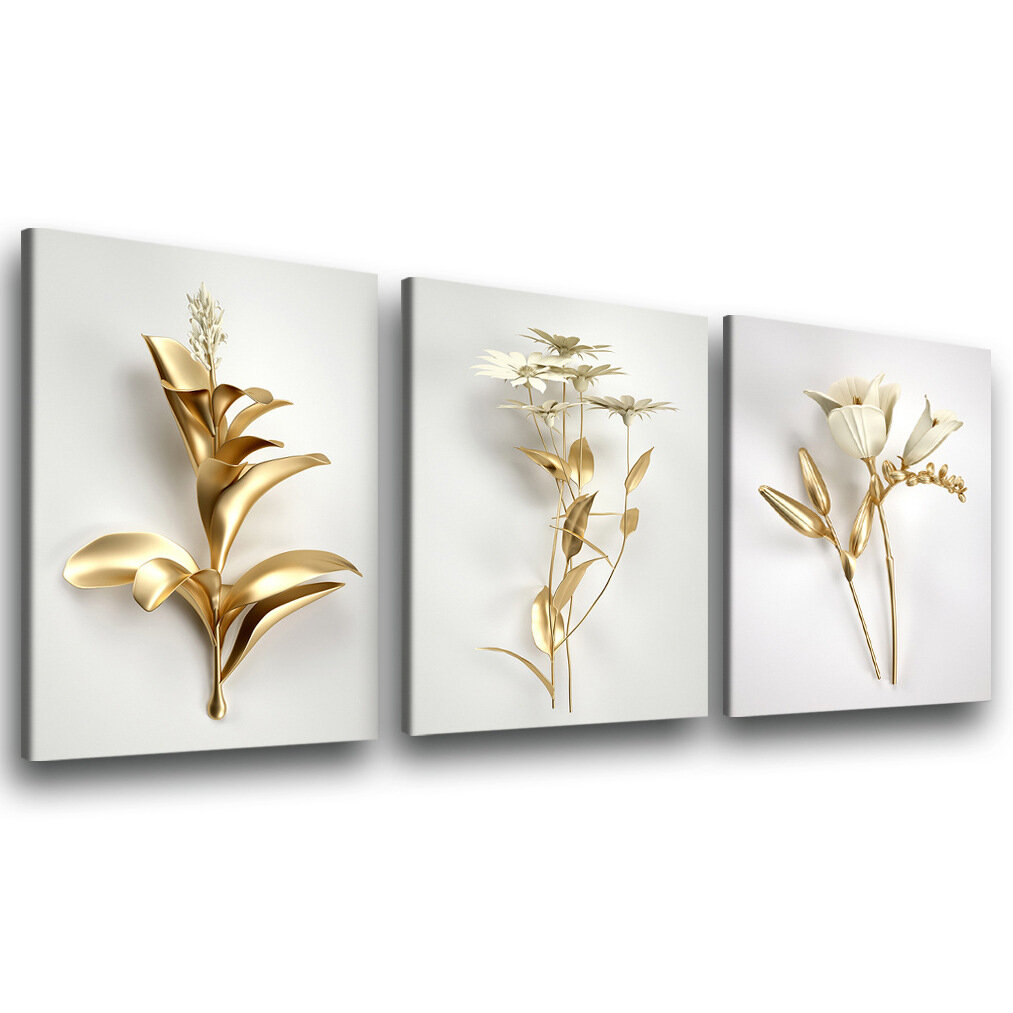 Популярные абстрактные золотые цветы Amazon, 1 комплект из 3 декоративных картин с рамкой, настенные картины на фоне
