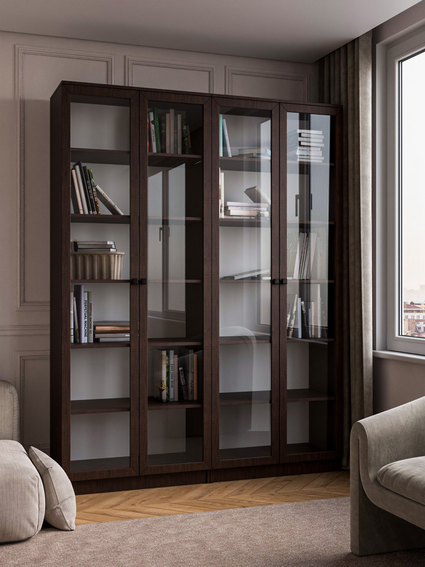 Шкаф-витрина для книг Вест 4.1, 136х38х210 см, со стеклом, шкаф для домашней библиотеки, с полками, венге