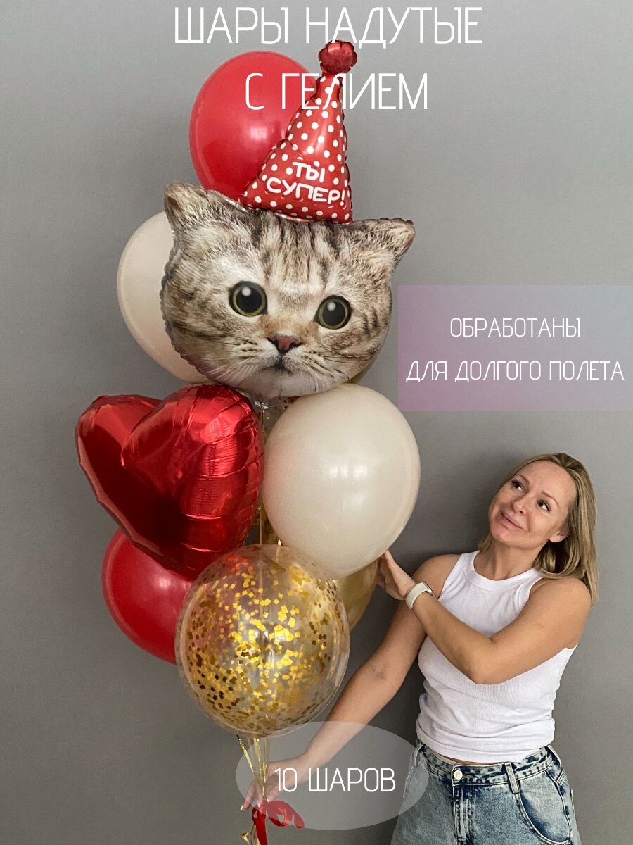 Шары на день рождения надутые с гелием для девочки, для девушки , для мужчины с гелием с шаром котик 10 штук