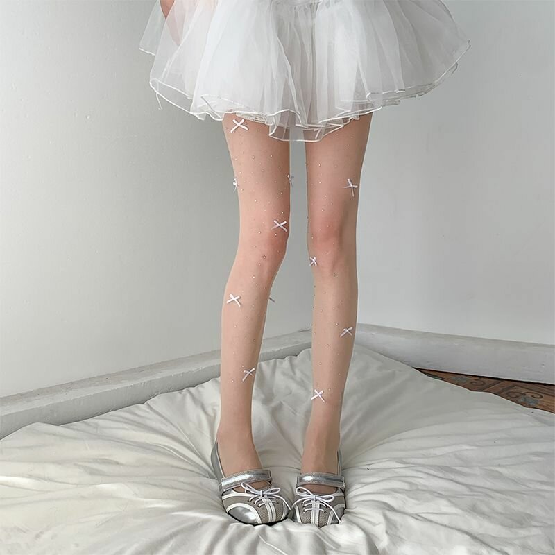 Чистый стиль желания, чулки с бантиком молочно-белого цвета для женщин, тонкие, милые, лолита, белые шелковые колготки с стразами, стройнящие