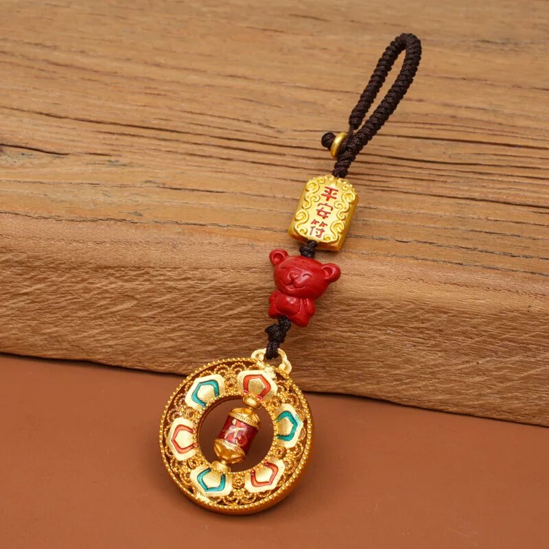 Позолоченный медный брелок для ключей с подвеской-талисманом из киновари в виде знака зодиака, эмалированный