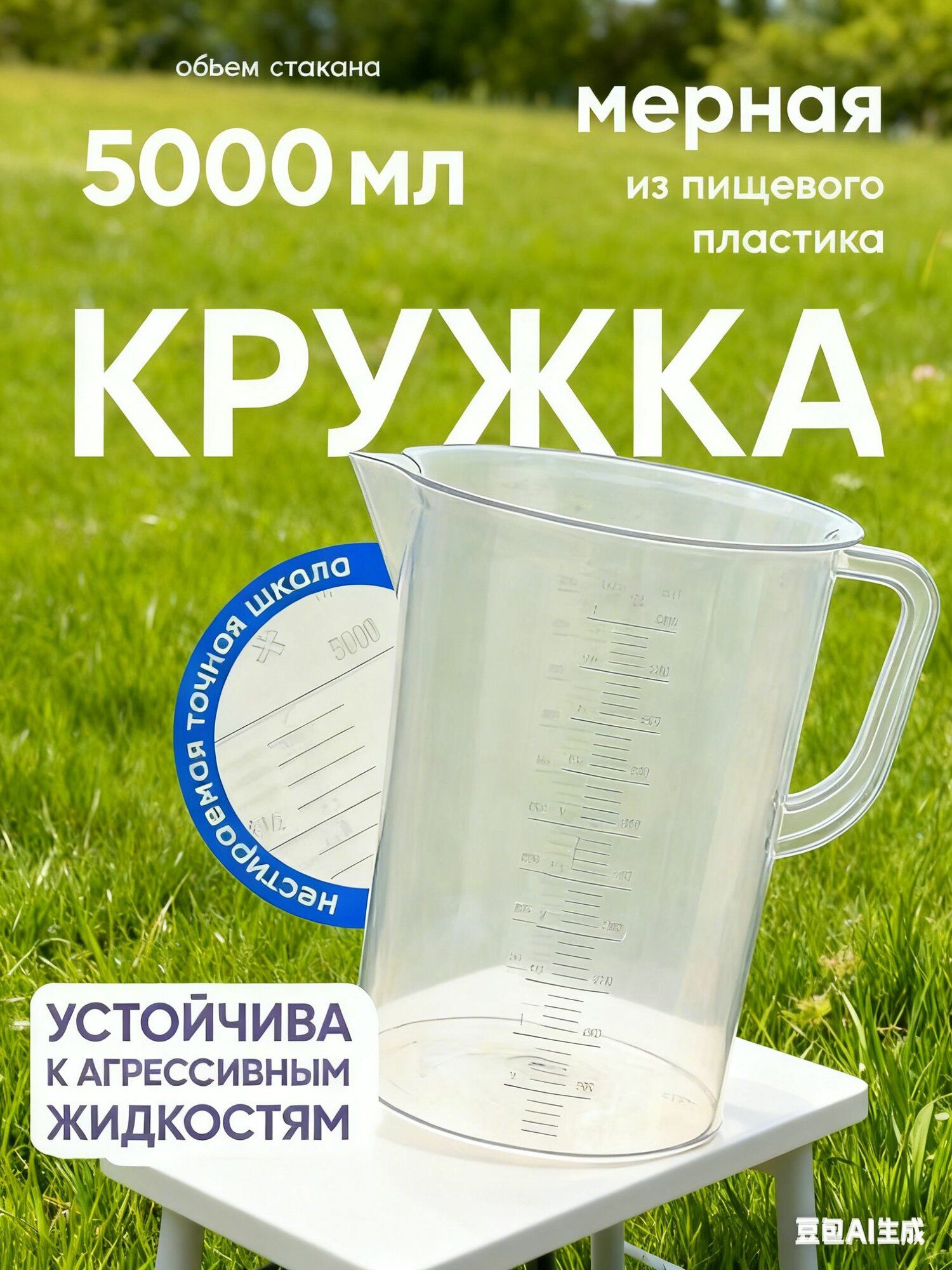 Стакан мерный 5 л пластиковый с ручкой, мензурка из полипропилена, для жидкостей и сыпучих продуктов