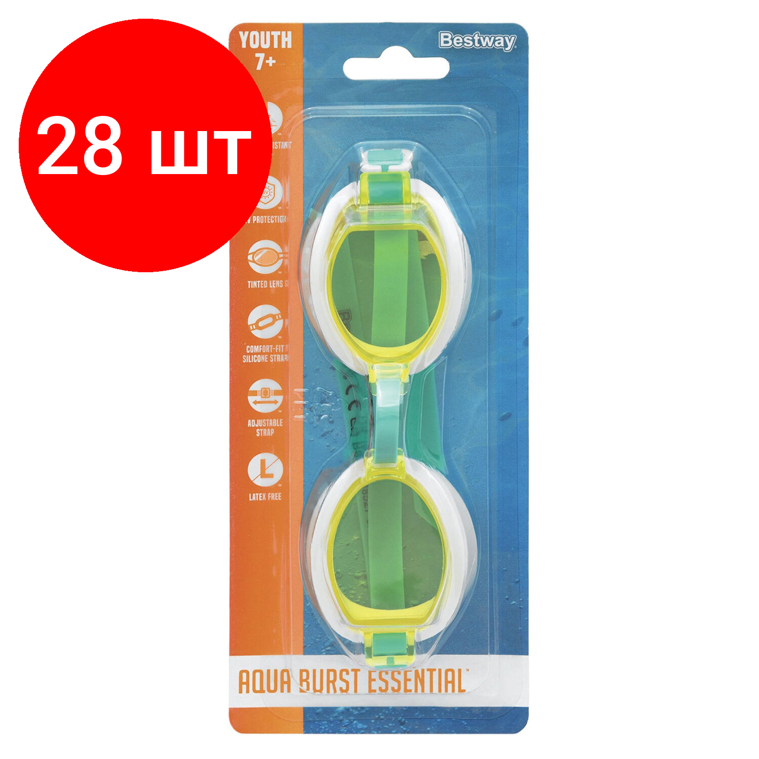 Комплект 28 шт, Очки для плавания "Ocean Wave" от 7 лет, ассорти, BESTWAY, 21048