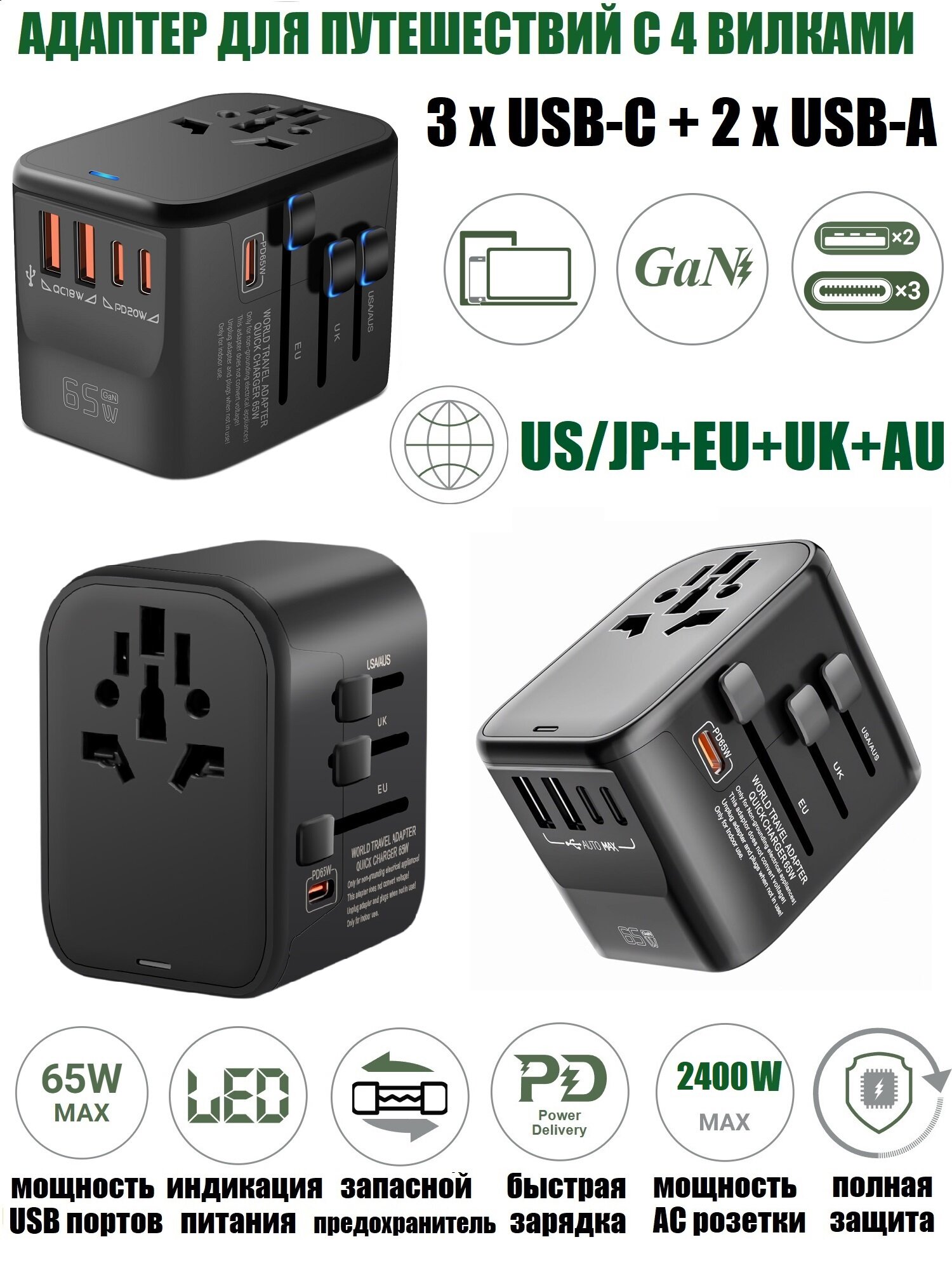 Универсальный GaN переходник для розеток и вилок 3 x USB-C + 2 x USB-A PD 65 Вт EU UK US AU