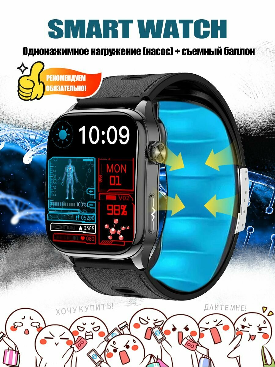 2026 Новые смарт-часы с высокоточной надувной манжетой, мужские умные часы с уровнем сахара в крови, кровяным давлением