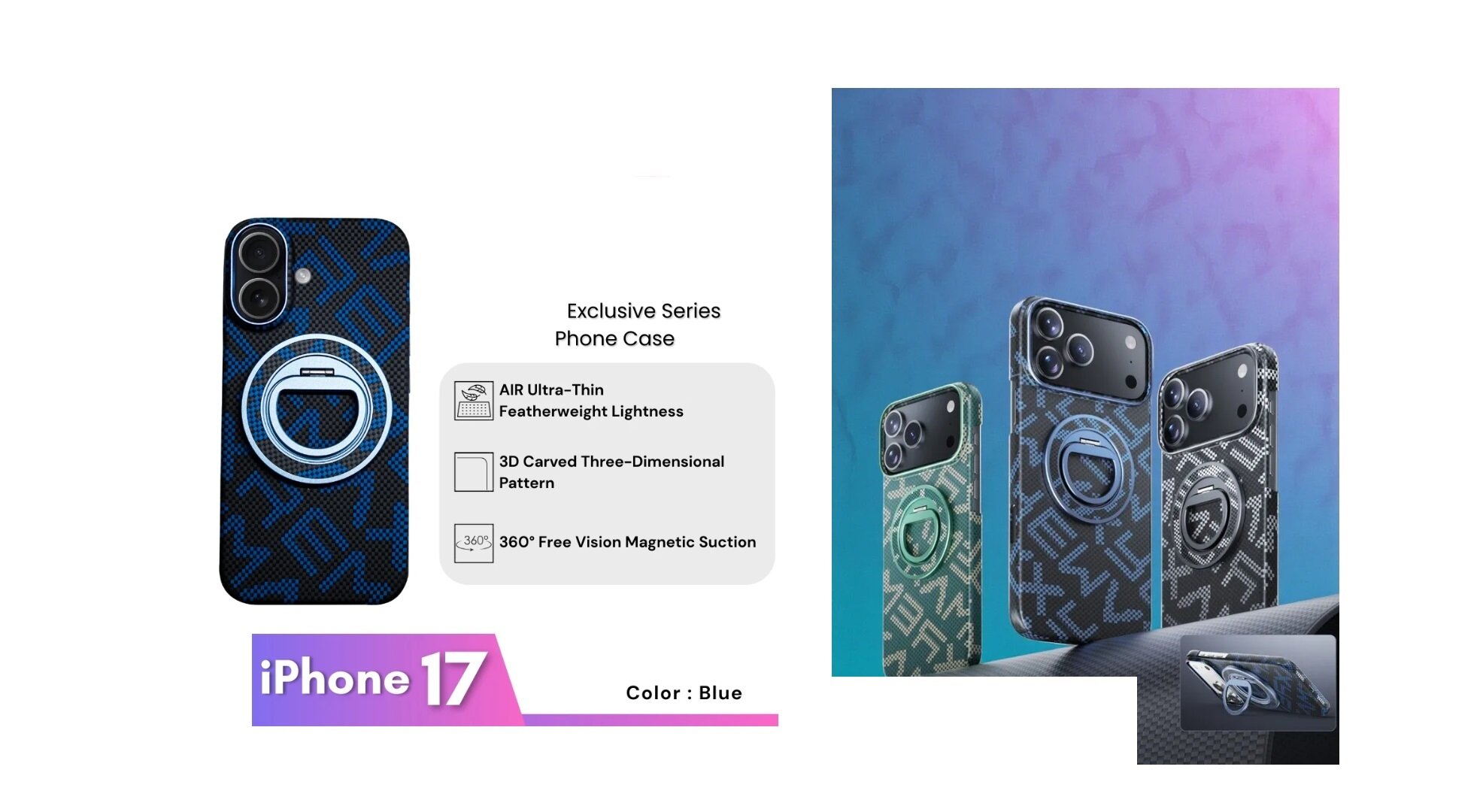 Чехол накладка для iPhone 17, Remax Exclusive Series Magnetic+ Кольцо с подставкой 360, 1.2 мм, Синий
