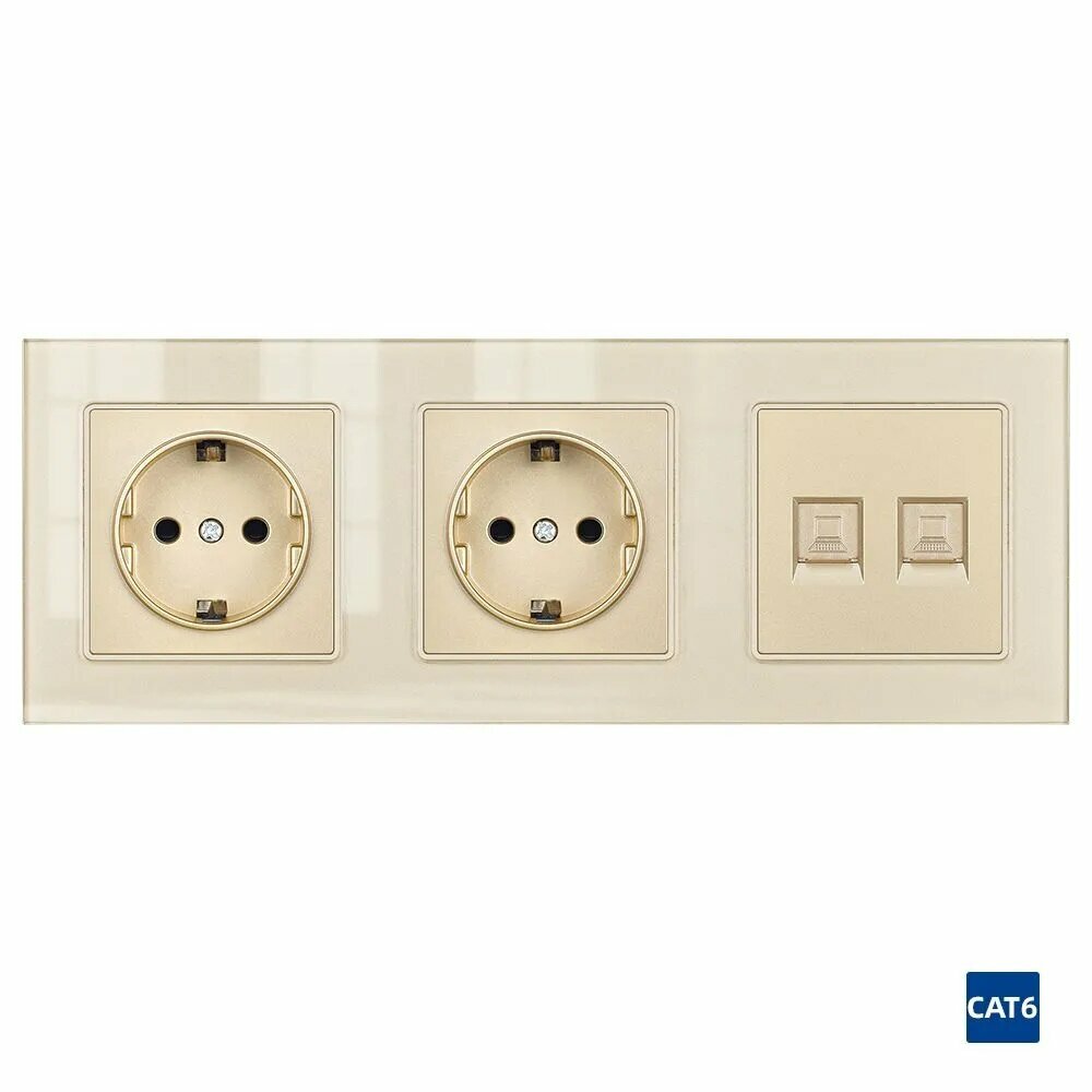 Розетка с заземлением 220В+розетка компьютерная rj45 двойная, 3 поста рамка закаленное стекло Золотой