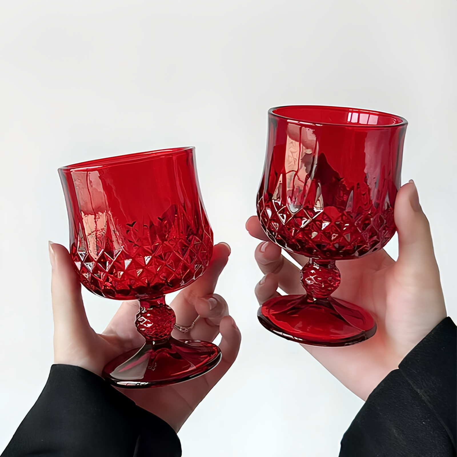Бокалы для вина ретро, 190 мл, 2 шт, высокие, без свинца, с тиснением "красные бриллианты