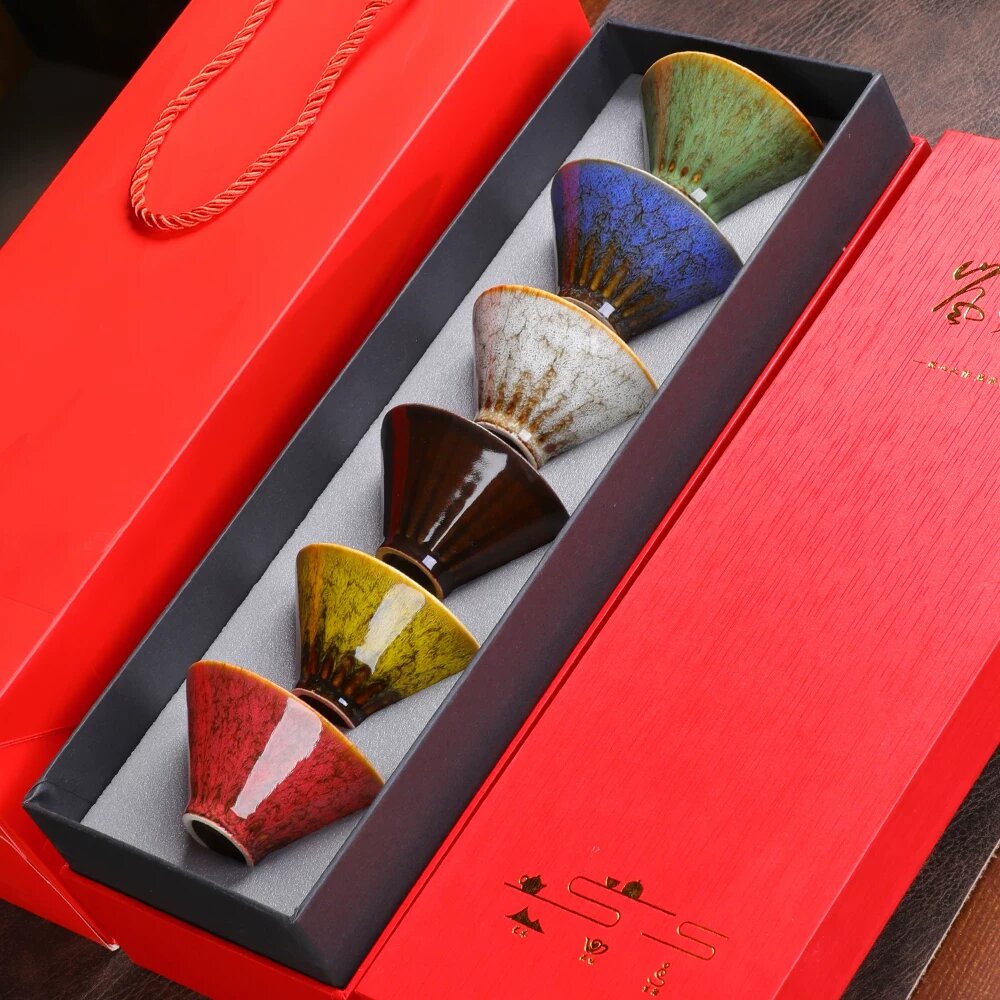 Элитные шестикрасочные конические чайные чашки, набор из 6 штук, керамический чайный сервиз кунг-фу, чайные чашки,