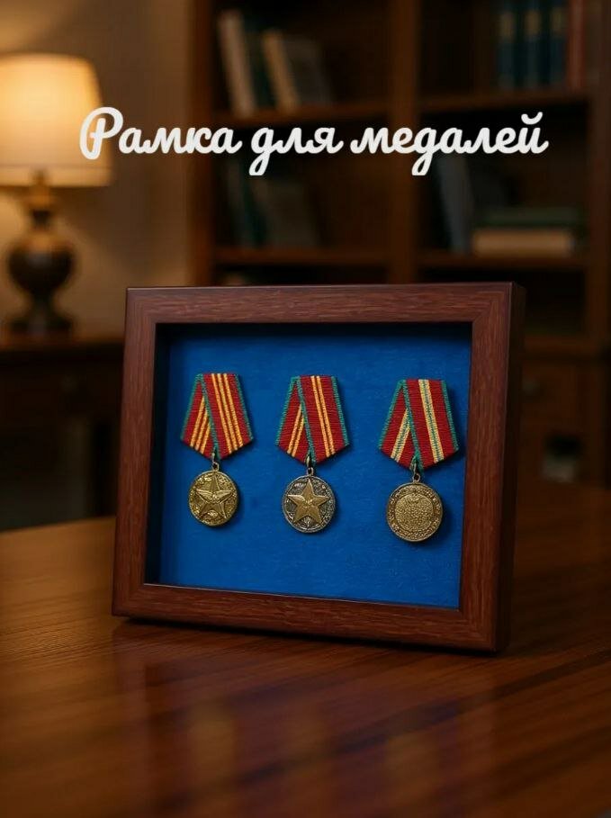 Рама футляр ручной работы для медалей, орденов и нагрудных знаков синяя