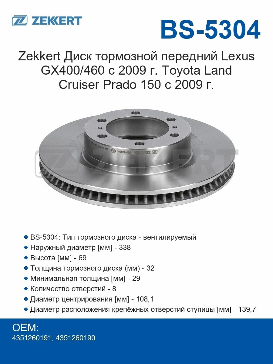 Zekkert Диск тормозной передний Lexus GX400/460 с 2009 г. Toyota Land Cruiser Prado 150 с 2009 г.