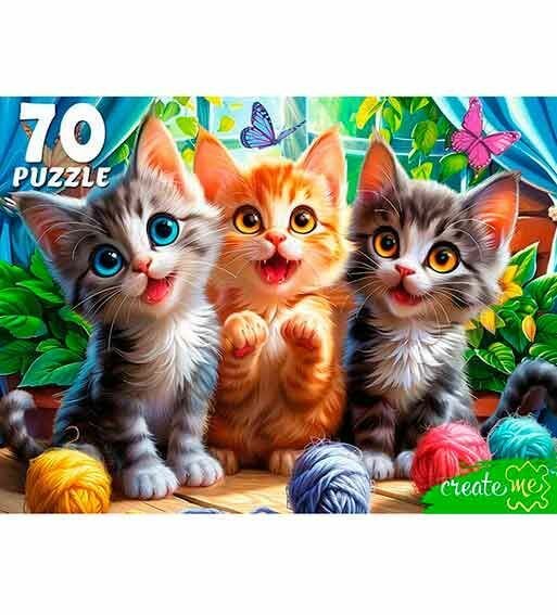 Пазлы Рыжий кот Три котёнка с клубками, 70 элементов