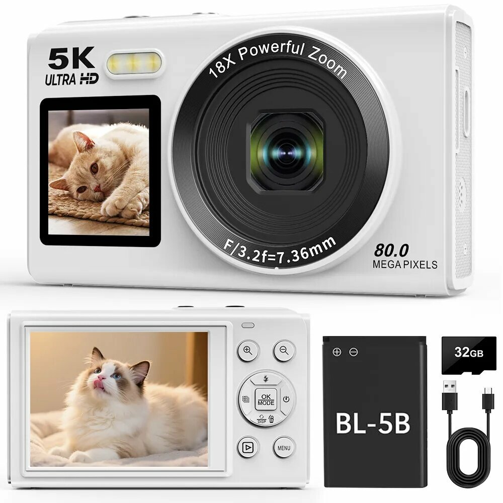 Цифровая Камера 5K 80 МП с Wi-Fi с двумя экранами, в комплекте с аккумулятором и SD-картой 32GB