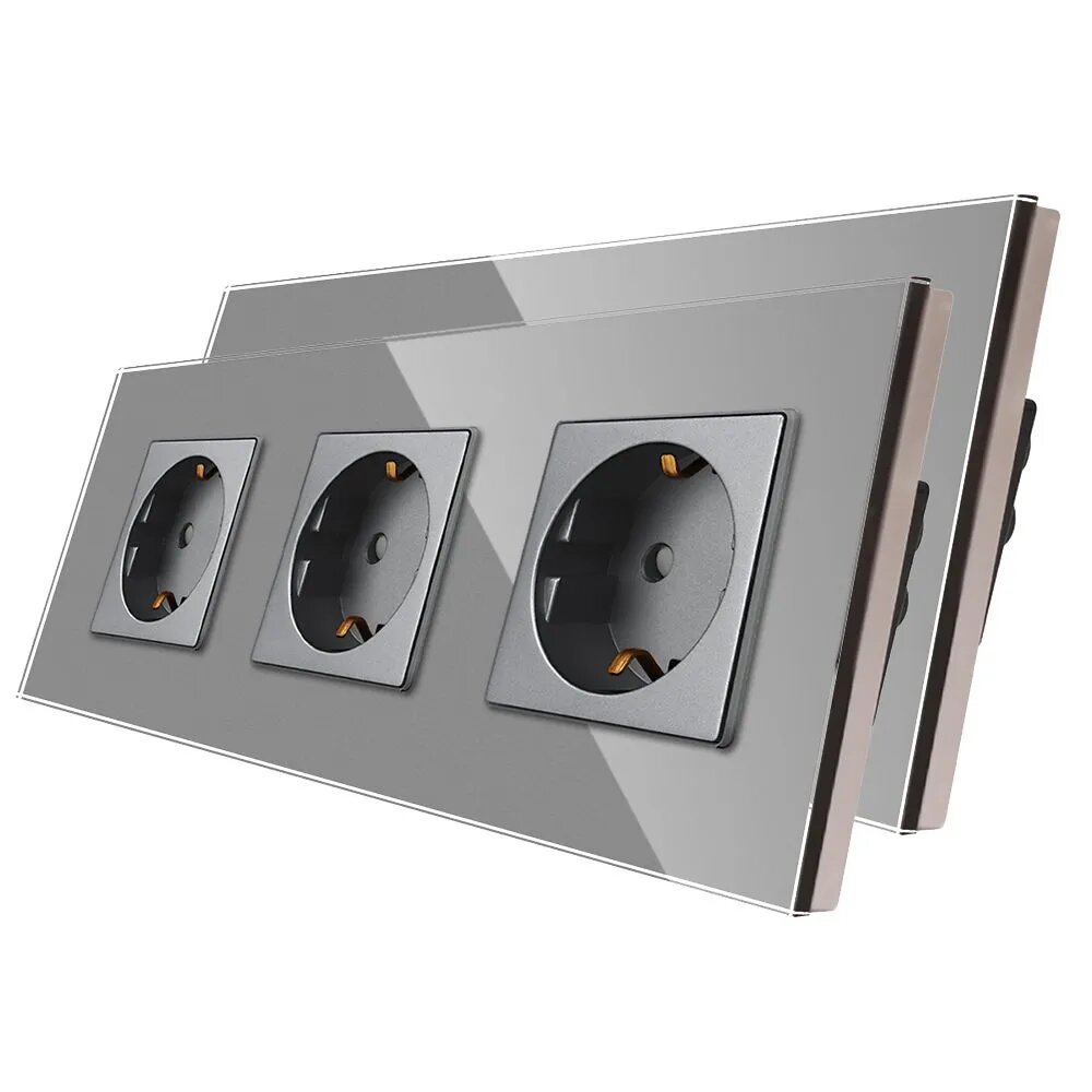 Розетка электрическая 1+1+1 на 3 поста с заземлением Евророзетка панель закаленное стекло серые 16A 2шт.