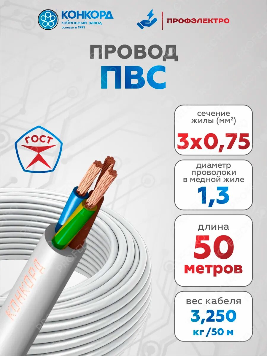 Электрический провод Конкорд ПВС 3 х 0,75 мм. 50 м.