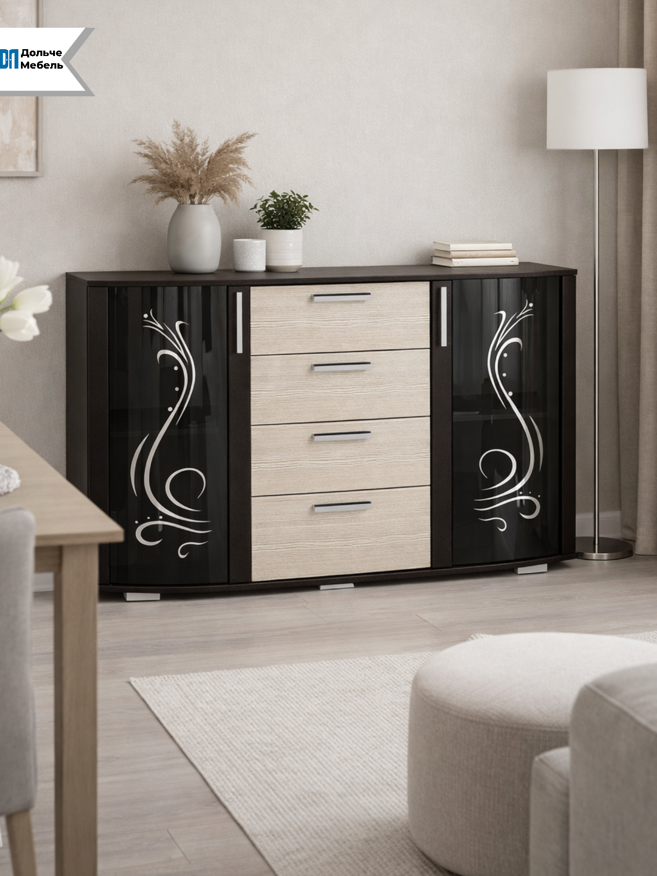 Комод для одежды БТС Мебель Грация с ящиками и стеклянными дверцами, 130×77×44 см, большой в спальню и гостиную