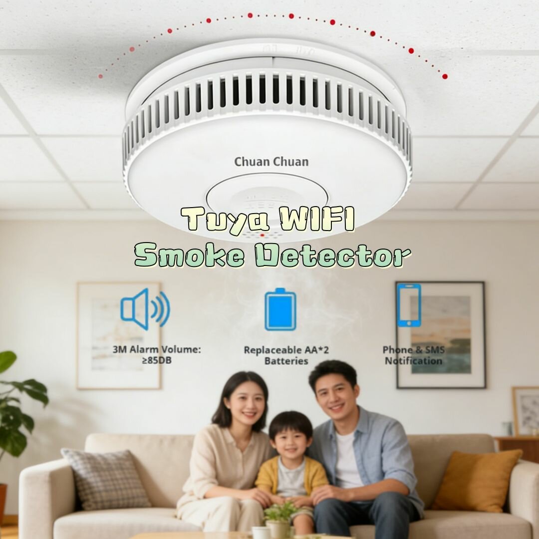 Умный Wi-Fi датчик дыма Tuya, технология двойной передачи и одного приёма , громкая сирена 85 дБ, защита от ложных срабатываний, с сеткой от насекомых для дома