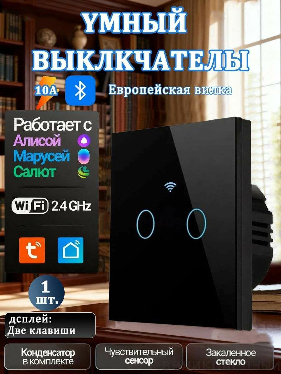 Умный сенсорный выключатель с поддержкой Алисы и Tuya, Wi-Fi, 2 клавиши, чёрный с Алисой и Tuya двухклавишный