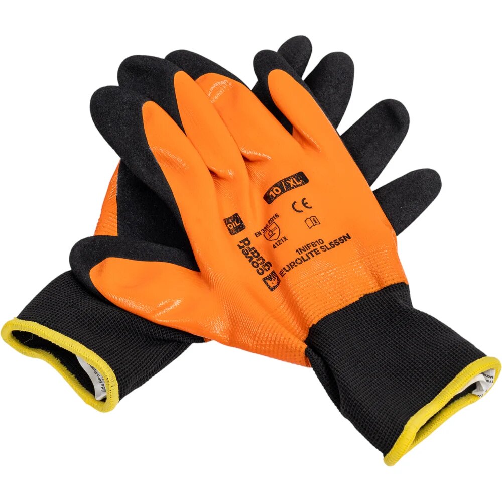 Перчатки COVERGUARD ковергард EUROLITE SL555N 5450564021464 оранжево‑черные, из полиэстера и нитрила, резина‑манжета