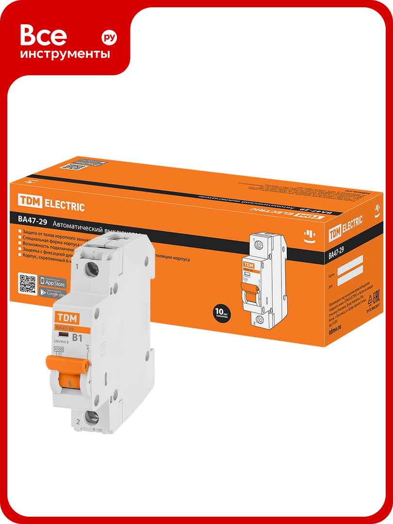 Автоматический выключатель ВА47-29 (1Р; 1 А; 4.5 кА; В) TDM ELECTRIC SQ0206-0001