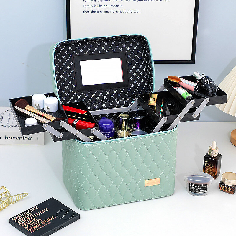 Горячая распродажаКросс-бордерная корейская версия простого косметического чехла, макаронная косметичка, двухслойный четырехоткрывающийся косметический чехол, портативная коробка для хранения косметики