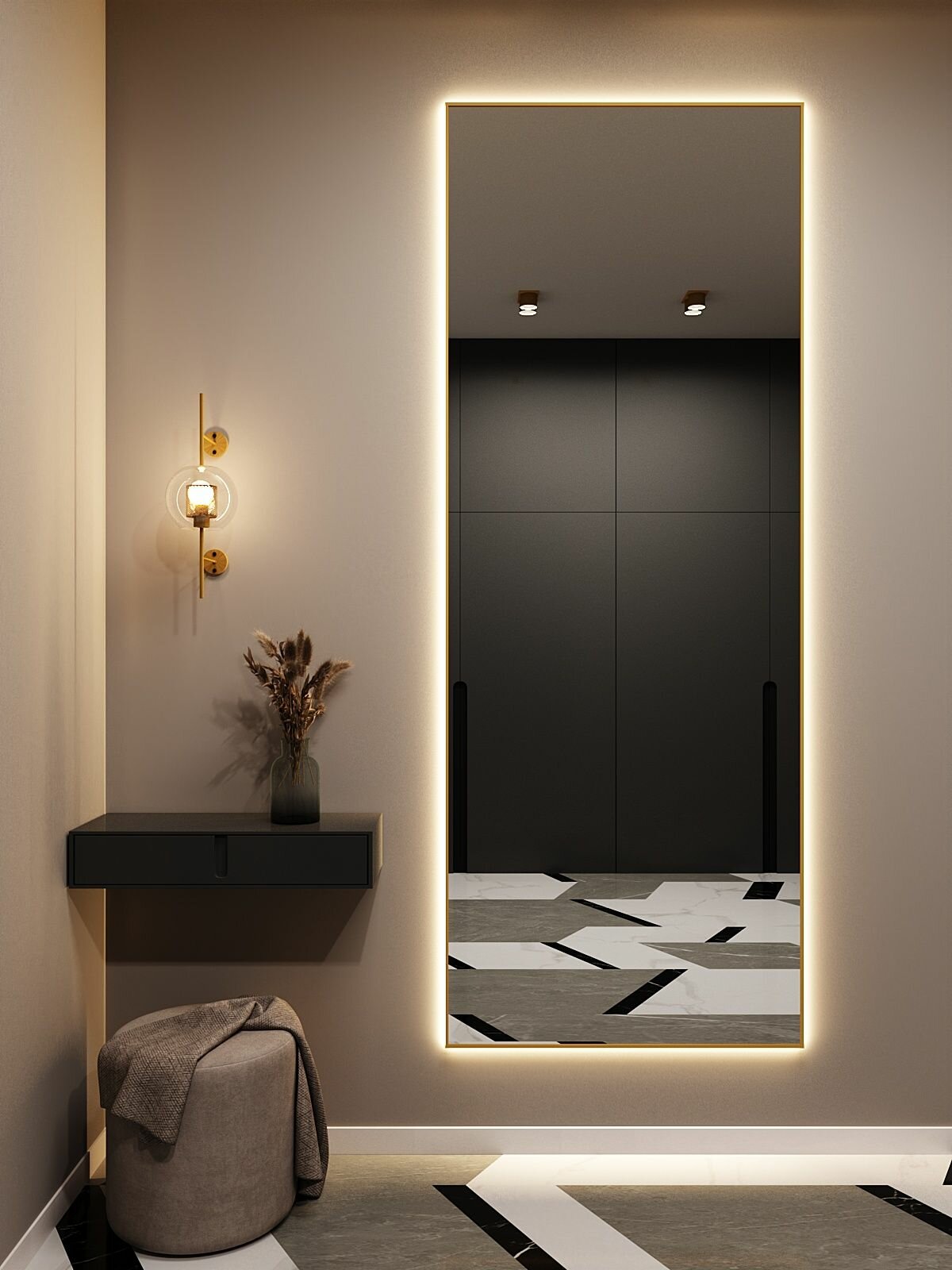 Зеркало настенное 230х80 см. золото с подсветкой. Свет: Теплый белый 3000К. В алюминиевой раме интерьерное BLX MIRROR