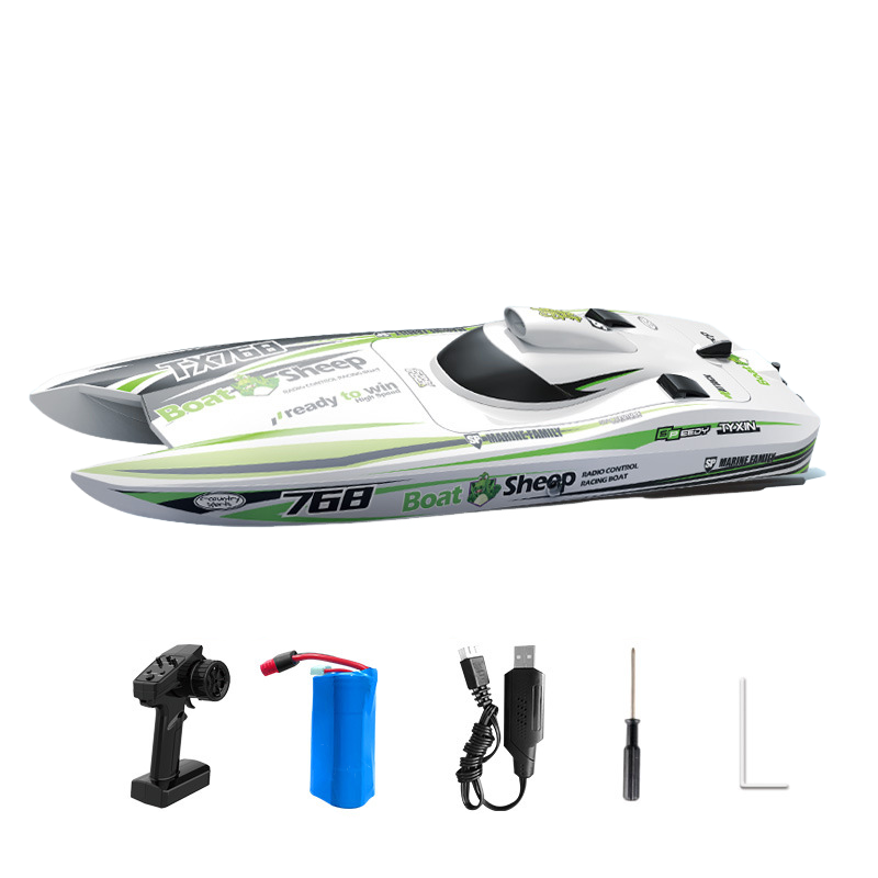 Радиоуправляемая лодка 2.4ГГц со скоростью 30км/ч с бесколлекторным двигателем, охлаждением, водонепроницаемостью, напоминанием о низком заряде батареи и превышении дистанции, размеры 13см*40см*9.5см, батарея 11.1В 2000мАч, время заряда 180мин, время