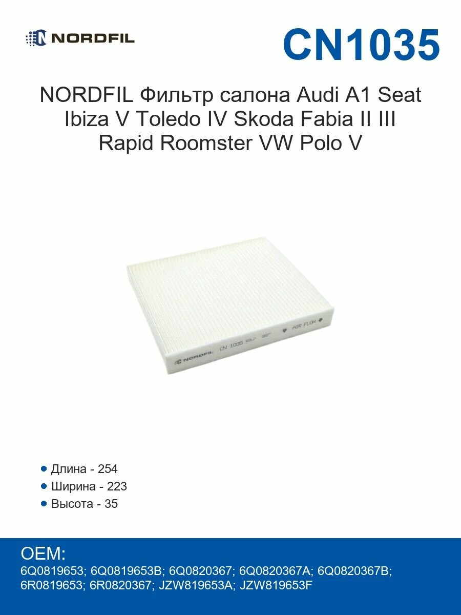 NORDFIL Фильтр салона Audi A1 Seat Ibiza V Toledo IV Skoda Fabia II III Rapid Roomster VW Polo V